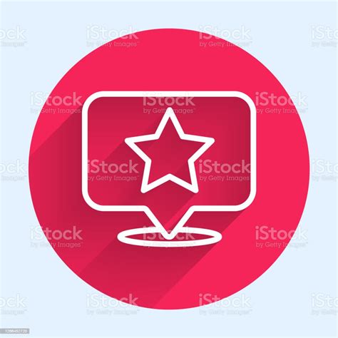 긴 그림자로 격리된 별 아이콘이 있는 흰색 선 맵 포인터입니다 별 좋아하는 핀 맵 아이콘 맵 마커 빨간색 원 버튼입니다 벡터 일러스트레이션 개념 실재론에 대한 스톡 벡터