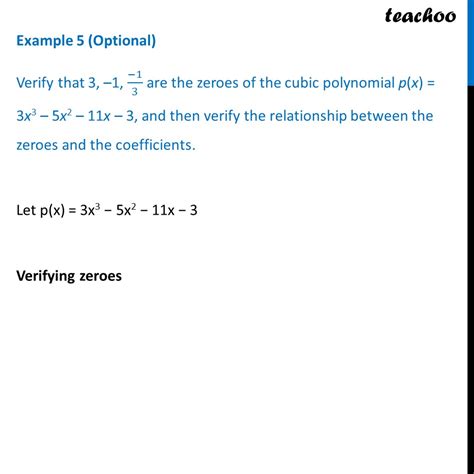 Example 5 Optional Verify 3 1 13 Are Zero Of Cubic Polynomial
