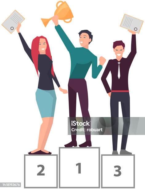 동료들은 받침대에 서서 비즈니스 승리를 축하합니다 경쟁에서 승리하기위한 팀워크 성취에 대한 스톡 벡터 아트 및 기타 이미지 성취 직원 경영자 Istock