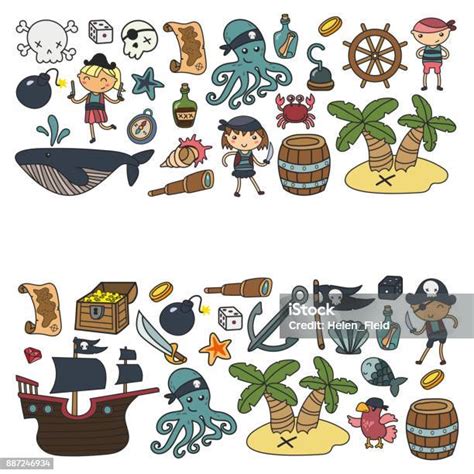 재생 해 적 소년과 소녀 유치원 학교 유치원 할로윈 파티 보물 섬 해 적 배 게 어린이 여행 모험 및 재미 생일 초대 앵무새 2 3 살에 대한 스톡 벡터 아트 및 기타