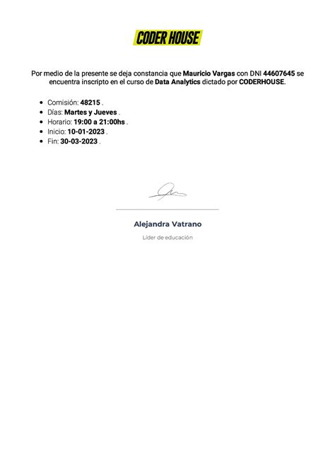Certificado Curso De Data Analytics Coder House Por Medio De La