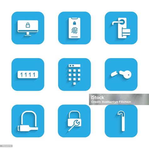 암호 보호 잠금 수리 지렛대 깨진 키 자전거 자물쇠 디지털 도어 및 컴퓨터 모니터 아이콘을 설정합니다 벡터 갈고리 발톱에 대한 스톡 벡터 아트 및 기타 이미지 Istock