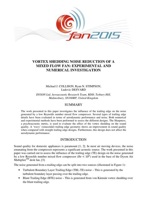 Pdf Vortex Shedding Noise Reduction Of A Mixed Flow Fan Experimental And Numerical Investigation