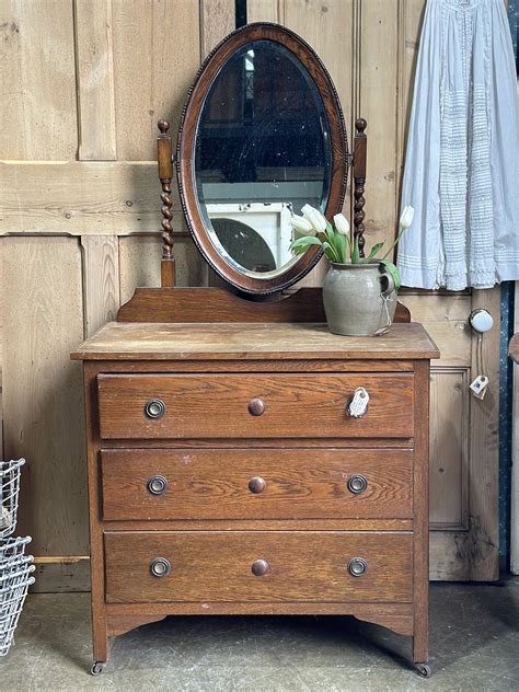 20 007 빈티지 오크 발리 트위스트 오벌 미러 드레싱 테이블