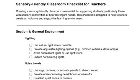 Sensory Friendly Classroom Checklist For Teachers Pdf
