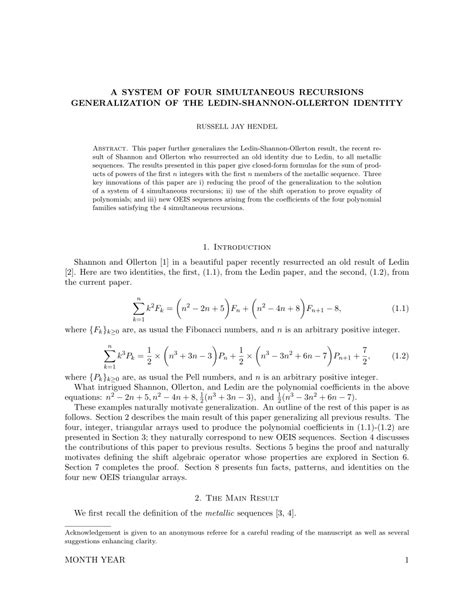 Pdf A System Of Four Simultaneous Recursions Generalization Of The Ledin Shannon Ollerton Identity
