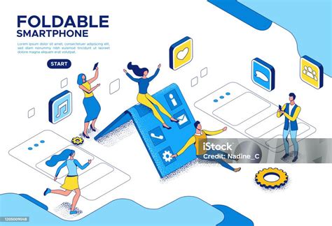 유연한 스마트 폰 미래 가젯 만화 캐릭터 파란색과 노란색 구성 3d 벡터 일러스트레이션을 사용하는 사람들과 접이식 전화