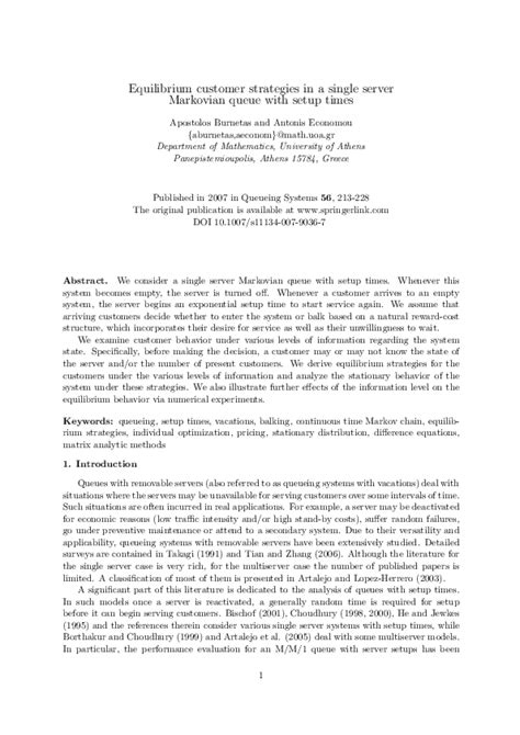 Pdf Equilibrium Customer Strategies In A Single Server Markovian Queue With Setup Times