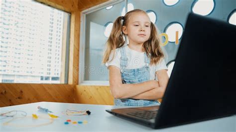 Caucasian Girl Using Laptop Programing Software While Crossing Arms Erudition Stock Image