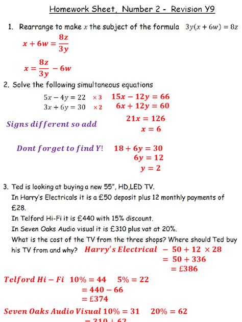 y9 revision homework sheet number 2 answers pdf