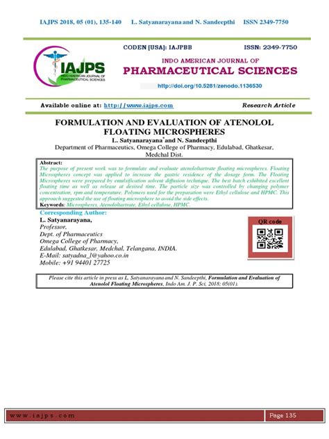 Formulation And Evaluation Of Atenolol Floating Microspheres Pdf Buoyancy Biodegradation