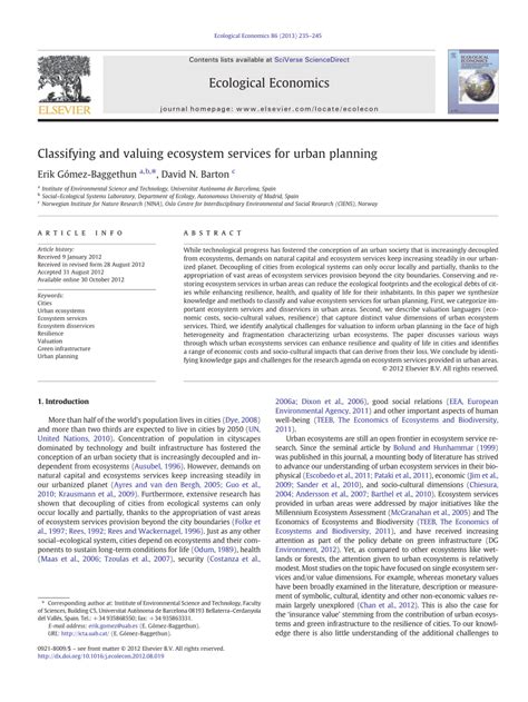 Pdf Classifying And Valuing Ecosystem Services For Urban Planning