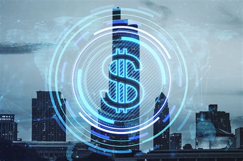 창조적 인 빛나는 라운드 달러 아이콘과 흐릿한 도시 전망 배경에 홀로그램지도 홀로그램 금융 통화 및 글로벌 비즈니스 기술 개념 이중 노출 초현대적에 대한 스톡 사진 및 기타