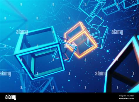 glowing cubic wireframes linking one after another floating in mid air on blue misty background