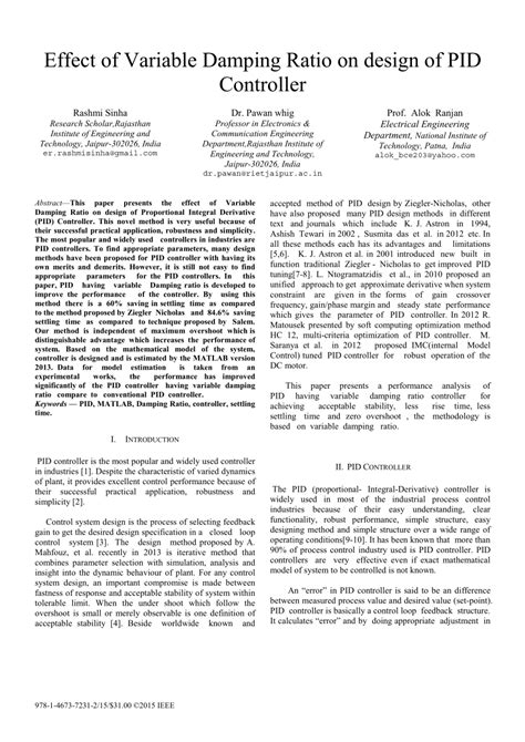 Pdf On The Performance Analysis Of Proportional Integral Derivative Controller With Vdr