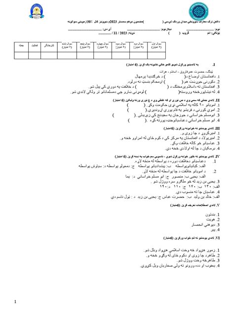 اتم ټولګي تاریخ مضمون شل سلنه ازموینه Pdf