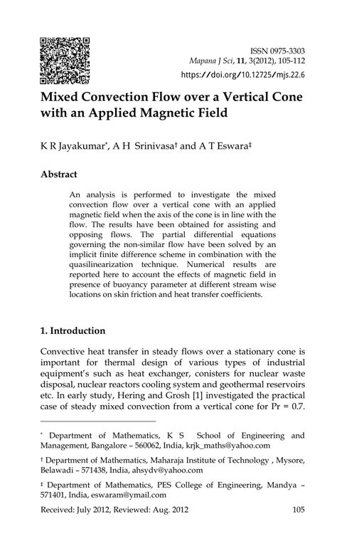 Pdf Mixed Convection Flow Over A Vertical Cone With An Applied