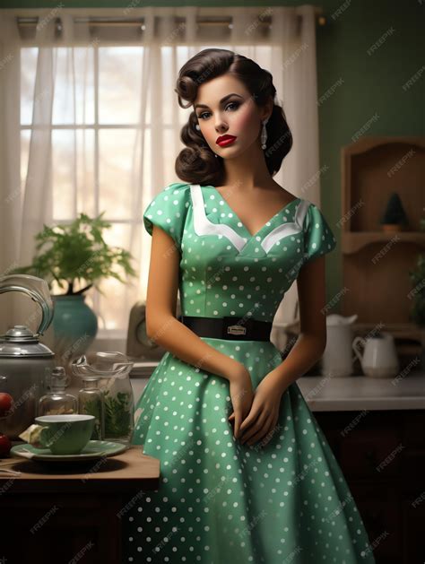 Premium Ai Image Beautiful 50s Housewife With Green Polka Dot Dress