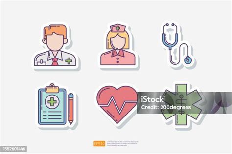 의사 또는 의사 간호사 청진기 의료 기록 문서 심장 박동 비상 별 의료 및 건강 스티커 세트 아이콘입니다 벡터 일러스트레이션 스티커에 대한 스톡 벡터 아트 및 기타 이미지