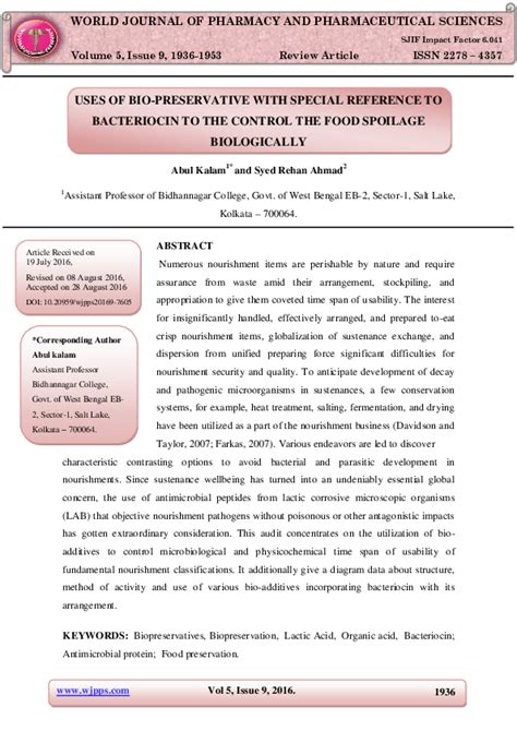 Pdf Uses Of Bio Preservative With Special Reference To Bacteriocin To