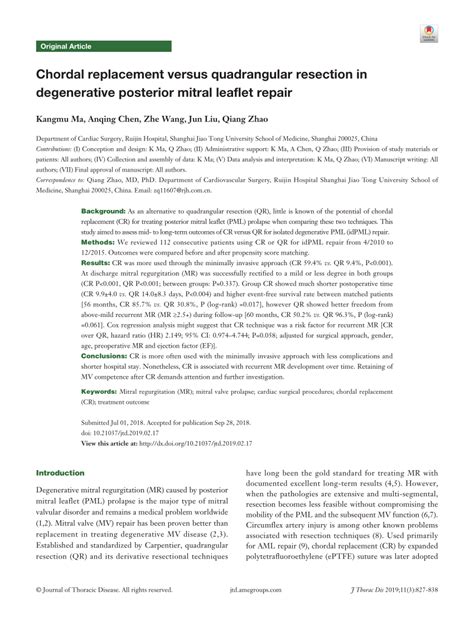 Pdf Chordal Replacement Versus Quadrangular Resection In Degenerative Posterior Mitral Leaflet