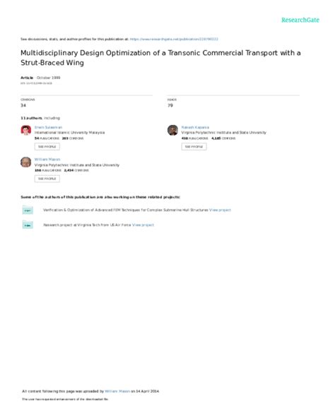 Pdf Multidisciplinary Design Optimization Of A Transonic Commercial