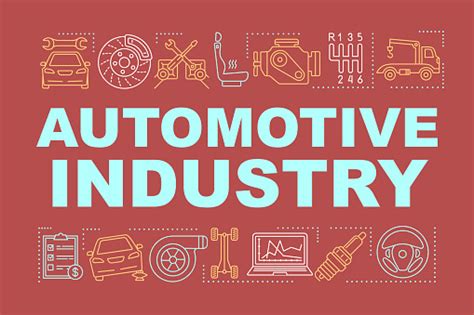 자동차 산업 단어 개념 배너입니다 자동차의 생산 유지 보수 및 수리 프리젠 테이션 웹 사이트 선형 아이콘과 격리 된 문자 타이포