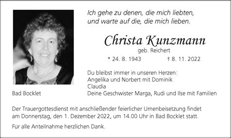 Christa Kunzmann Traueranzeige Frankende