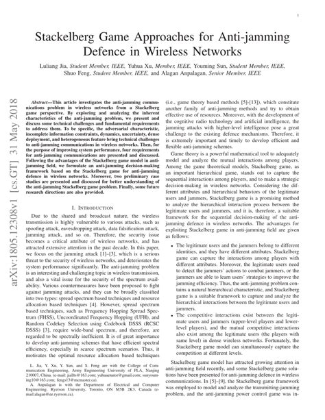 Pdf Stackelberg Game Approaches For Anti Jamming Defence In Wireless Networks