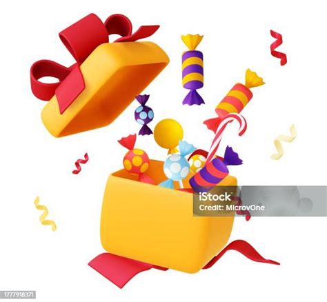사탕과 막대 사탕이 있는 상자 3d 리본과 리본을 달콤하게 선물하십시오 아이들을 위한 고립된 현실적 과자 선물 사탕 불꽃놀이 벡터 요소 3차원 형태에 대한 스톡 벡터 아트