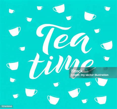 티 타임 흰색 레터링 텍스트 청록색에 차 컵 벡터 일러스트 레이 션 배경 질감 로고 초대장 메뉴 및 엽서에 대 한 차 서 예 차 시간 벡터 디자인입니다 0명에 대한 스톡