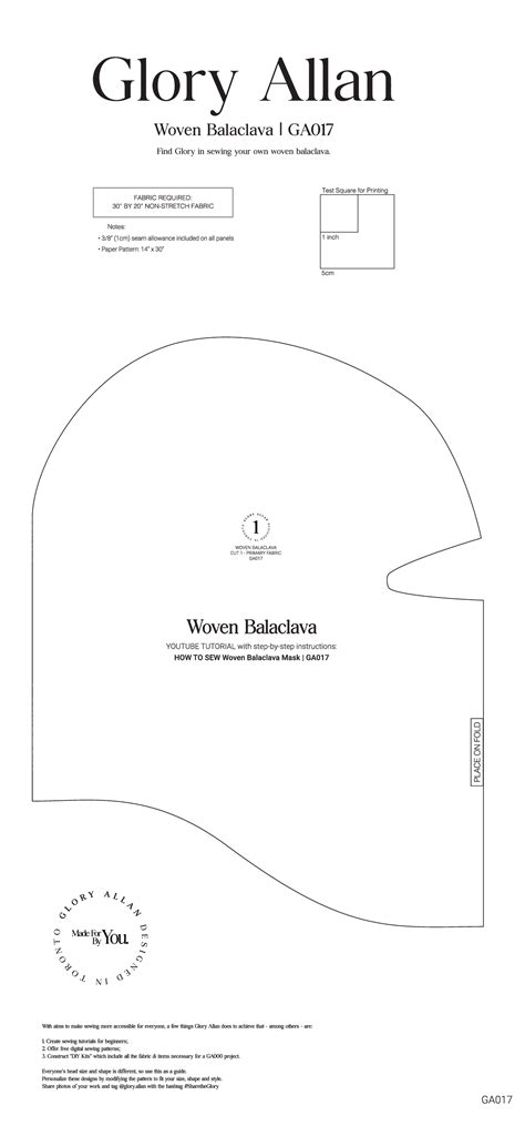 Glory Allan Ga017 Woven Balaclava Sewing Pattern 13in X 30in
