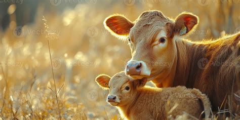 Brown Cow And Calf Resting In A Pasture At Golden Hour 50785066 Stock