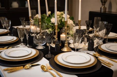 Classic Table Setting With White Dinnerware Crystal Glasses And