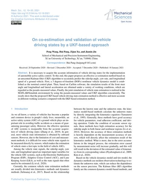 Pdf On Co Estimation And Validation Of Vehicle Driving States By A Ukf Based Approach