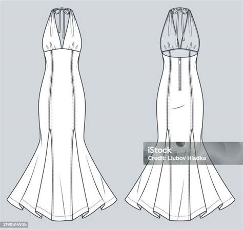 Godet 드레스 테크니컬 패션 일러스트레이션 홀터 맥시 드레스 패션 플랫 기술 도면 템플릿 지퍼 넥타이 슬림 핏 앞면과 뒷면보기 화이트 여성 Cad 모형 0명에 대한 스톡