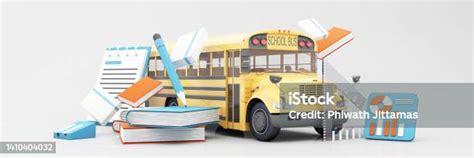 학교 용품과 장비로 학교로 돌아 가기 학교 액세서리와 파스텔 컬러 오렌지와 블루 톤 배경 사실적인 만화에 책이있는 스쿨 버스