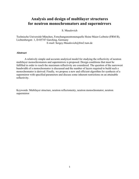 Analysis And Design Of Multilayer Structures For Neutron Monochromators And Supermirrors Docslib