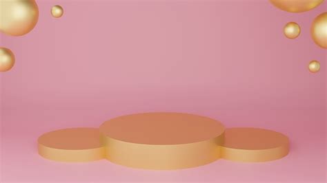 골드 구체와 핑크 파스텔 배경이 있는 원 포디움 골드 컬러3d 3d 렌더링 그림입니다 제품 프리젠 테이션은 최소화 빈 기하학적