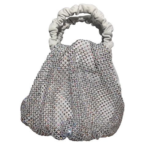 A Never Used Iridescent Crystal And Ruched White Leather Mesh Bag By