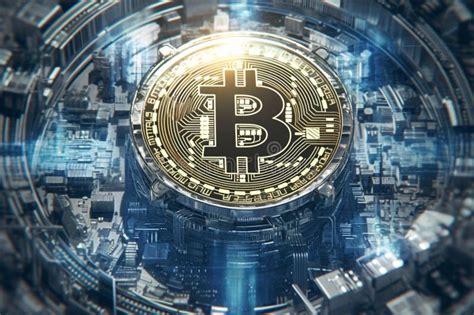 Futuristic Currency Bitcoin Concept Showcased On A Circuit Board Stock