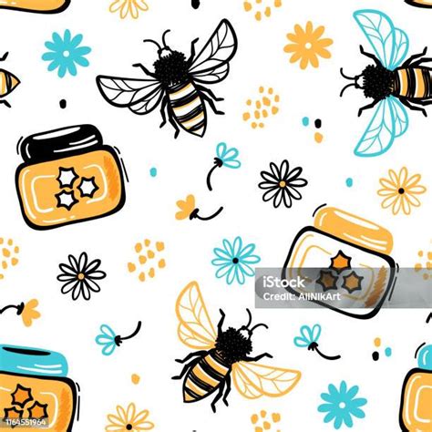 낙서 꿀 항아리 꿀벌과 꽃꽃 벡터 원활한 패턴 꿀 수확 배경 벌에 대한 스톡 벡터 아트 및 기타 이미지 벌 낙서 드로잉