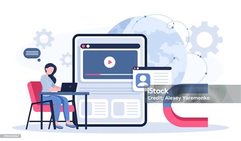 Smm 온라인 서비스 거대한 스마트 폰과 자석 근처에 노트북을 가진 여자 소셜 네트워크 및 메신저에서의 홍보 인터넷 광고 및 마케팅 평면 벡터 일러스트 레이 션 Brand