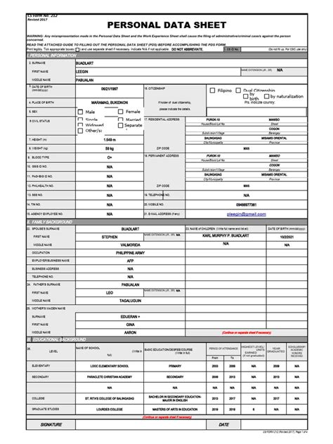 Long Cs Form No 212 Personal Data Sheet Excel Format Download Free