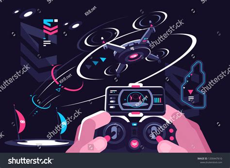 Hands Holding Controller Flying Drone Quadcopter Stock Vector Royalty Free 1200447610