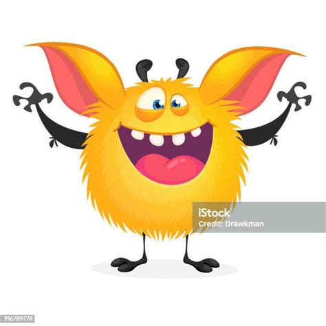 귀여운 해피 오렌지 괴물 흥분 웃 고입니다 벡터 일러스트 레이 션의 모피 라운드 트롤 Bigfoot에 대한 스톡 벡터 아트 및 기타 이미지 Bigfoot 갈고리 발톱