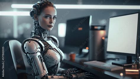 Ai Chatbot Robot Assistant Sitting At Desk Using Computer As Artificial Intelligence Business