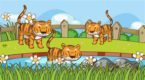 ฉากที่มีเสืออยู่ในสวน ภาพประกอบสต็อก ดาวน์โหลดรูปภาพตอนนี้ กลางแจ้ง การตั้งค่า ความน่ารัก