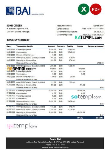 Portugal Banco Bai Europa Bank Statement Excel And Pdf Template