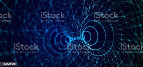 파란색 배경에 기술 와이어 프레임 터널 미래지향적인 3d 그리드 디지털 동적 웨이브 3d 렌더링 추상적인에 대한 스톡 사진 및